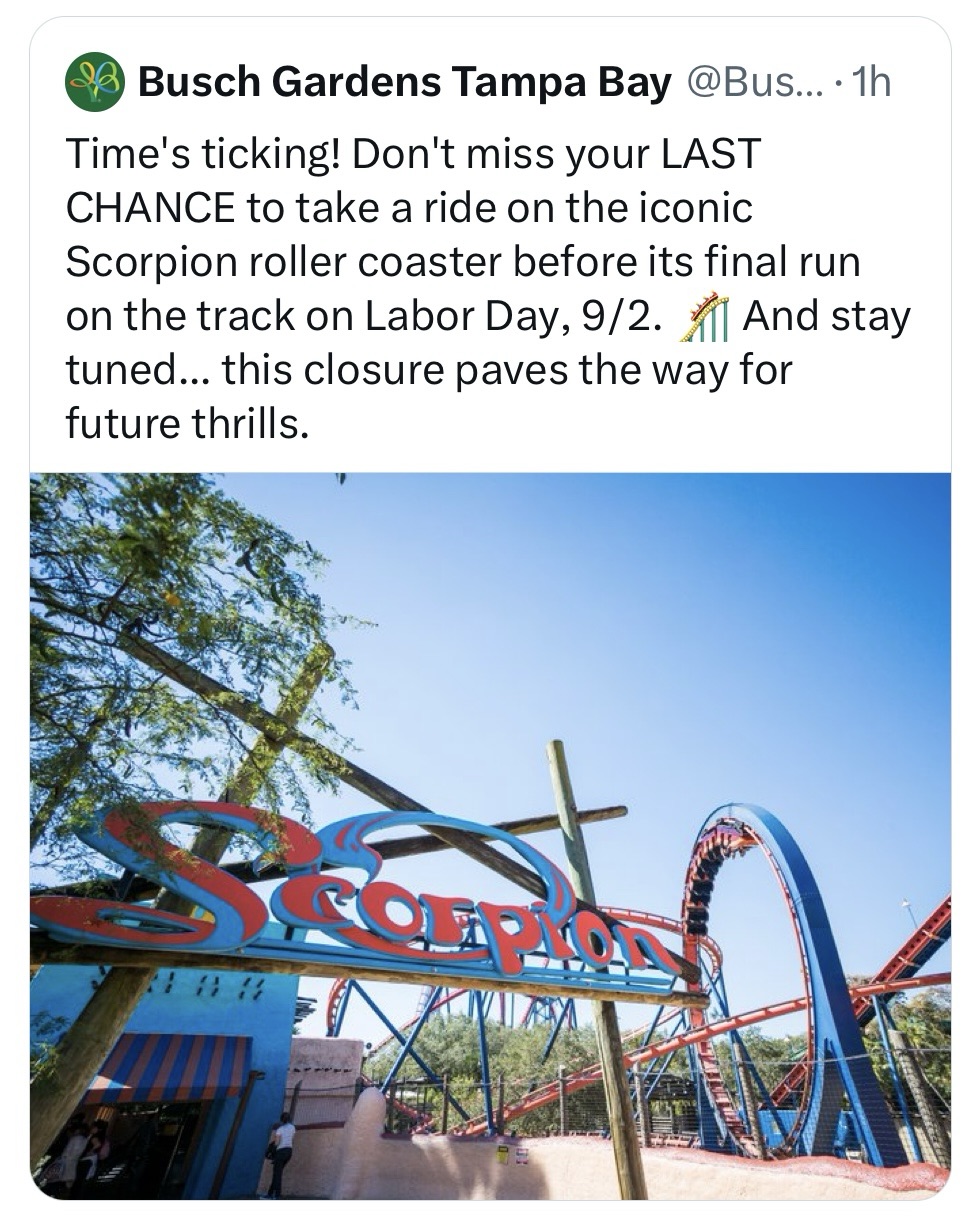 Scorpion Roller Coaster at Busch Gardens to Close September 2, 2024 ...